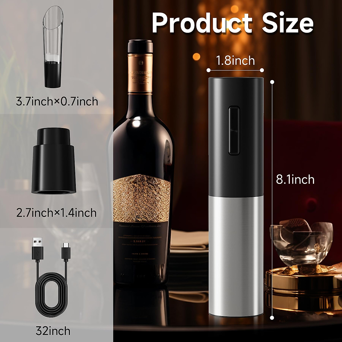 Electric Wine Opener, Automatic Wine Bottle Corkscrew with Air Pump, Foil Cutter, Pourer, Vacuum Stoppers (4PCS)， Professional Easy Rechargeable Vino Opener Set Suitable for Home, Travel