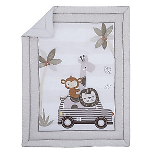 NoJo Little Love Jungle Ride Grey, White and Tan, Monkey, Giraffe and Lion 3 Piece Nursery Crib Bedding Set - Comforter, Fitted Crib Sheet, and Crib Skirt