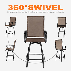 NUU GARDEN Outdoor Patio Swivel Bar Stools with Backrest, Set of 2 Swivel Bar Stools, 360 Degree Swivel Patio Bar Height Outdoor Chairs, Black&Brown