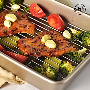 Bakeley Roasting Pan with Rack, Non-Stick Rectangular Deep Dish Oven-BBQ Bakeware for Oven Baking 13.78" x 9.84" x 2.36" (Champagne Gold)