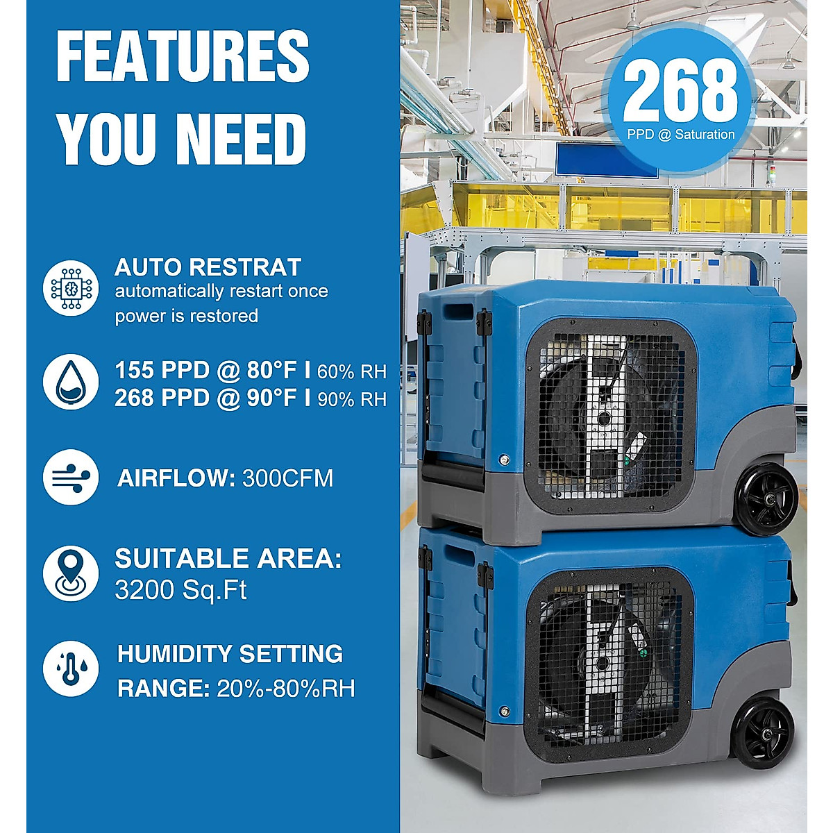 Mounto MOUNTO 268Pints LGR Commercial Compact Dehumidifier with Pump and Drain Hose, LGR Portable Dehumidifier with wheels for Home, Basements, Garages, and Job Sites