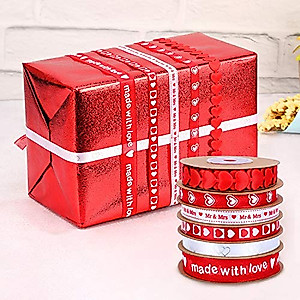 Zhanmai 6 Pieces Valentine's Day Ribbons Printed Heart Wired Ribbons Craft Satin Ribbons for Gift Wrapping DIY Supplies