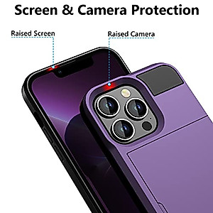 Vofolen for iPhone 13 Pro Max Case Wallet Credit Card Holder ID Slot Sliding Door Hidden Pocket Men Women Anti-Scratch Dual Layer Hybrid Bumper Armor Protective Shell Back Cover 6.7 inch GreyPurple