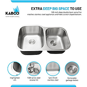 KABCO 32 Inch Stainless Steel 60/40 Double Unequal Bowl Classic Kitchen Sink Only, Extra Thick 16 Gauge Undermount Rust Resistant, Sound and Heatproof Sink