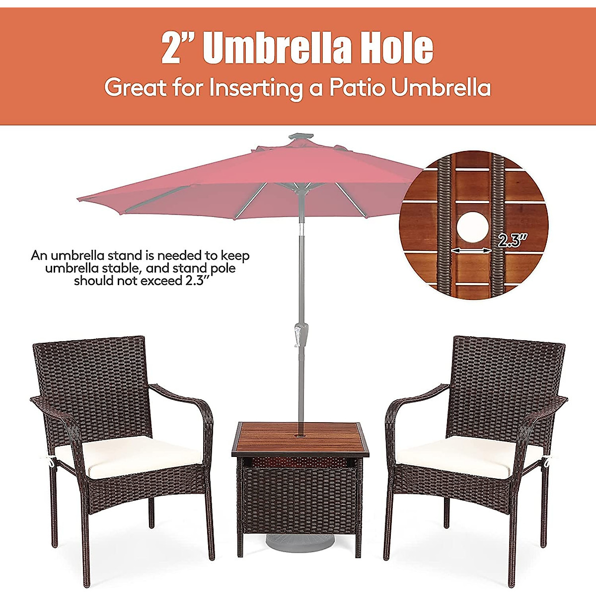 HAPPYGRILL 3-Piece Patio Bistro Set with Coffee Table & Umbrella Hole, Rattan Wicker Chairs Set with Umbrella Stand Table, Soft Cushions, Outdoor Furniture Set for Balcony Porch Poolside Garden
