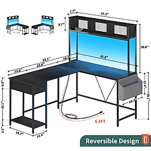 Yoobure L Shaped Desk Gaming Desk with LED Strip & Power Outlet, Reversible L-Shaped Computer Desk with Storage Shelf & Drawer, Corner Desk with Storage Bag, 2 Person Home Office Desk, Black