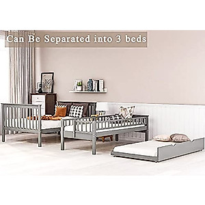 Baysitone Bunk Bed, Bunk Beds Twin Over Full Size, Bunk Bed with Trundle and Stairs, Solid Wood Bunk Bed Frame with 4 Storage for Kids, Girls, Boys, Toddler, No Box Spring Needed (Gray)
