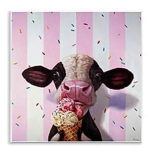 Stupell Industries Cute Baby Cow with Ice Cream Cone Pink Stripes, Designed by Lucia Heffernan Wall Plaque, 12 x 12, Brown