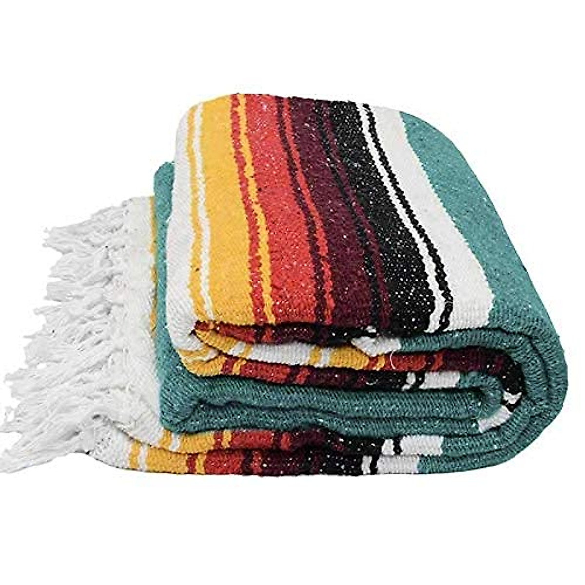 Open Road Goods Teal/Turquoise Diamond Mexican Yoga Blanket, Thick Serape with Red and Yellow Sunset Stripes - Handmade