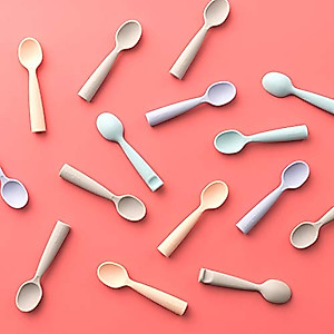 Miniware Training Spoon Cutlery Set with Carrying Case for Baby Toddler Kids - Promotes Self Feeding | 100% Food Grade Silicone | BPA Free | Modern & Durable Design | Dishwasher Safe (Grey and Peach)