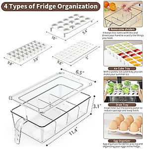 VIVAIVE 4 Pack Fridge Organizers and Storage,Clear Refrigerator Organizer Bins with Lids,Egg Container,Ice Cube Tray,Stackable Pantry Organizers with Removable Dividers,Ideal Fridge Organization