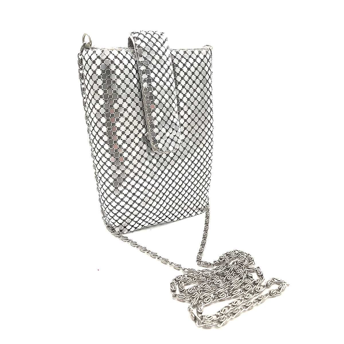 Women's Metal Mesh Small Cell Phone Pouch Bag Case Cross-Body Shoulder Strap (Silver)