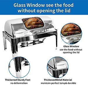 Umisu 9.46 Qt Roll Top Chafing Dish Buffet Set with Visible Glass Lid, Stainless Steel Chafing Dishes for Buffet, Chafers and Buffet and Warmers Set for Weddings, Hotels and Parties