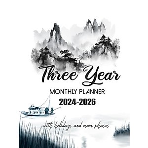 2024-2026 Three year monthly planner: 3 Year Calendar from Jan 2024 to Dec 2026 Agenda Schedule Organizer with holidays and Moon Phases Chinese brush painting