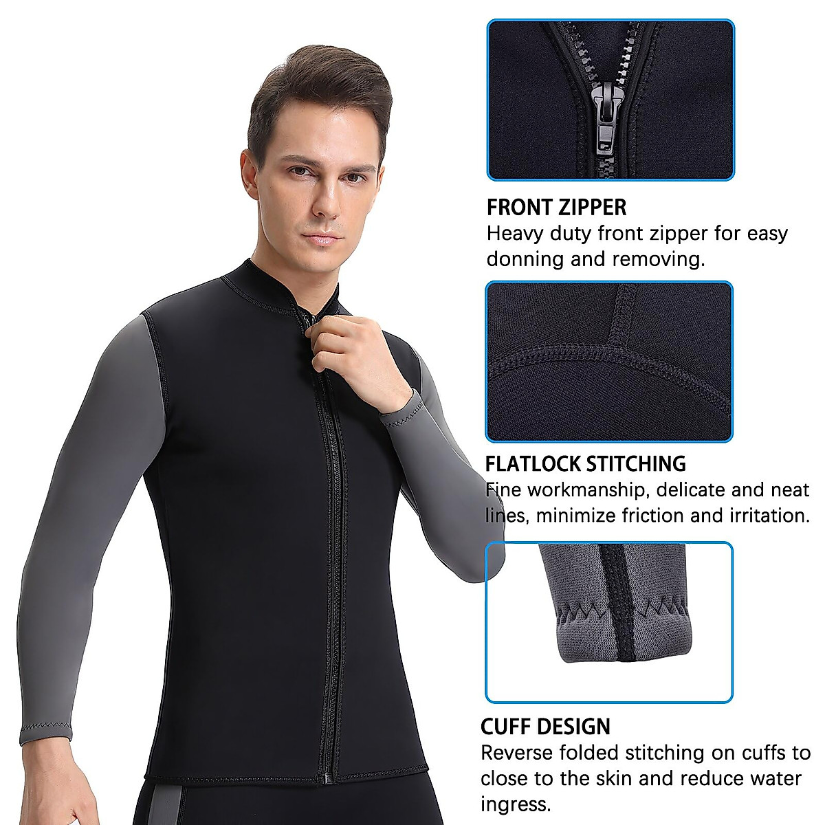 REALON Wetsuits Top Jacket Women Men 2mm Neoprene Long Sleeve Shirt 3mm Front Zipper Vest Wet Suit Keep Warm for Adult Youth Kids Diving Surf Swim Water Sports