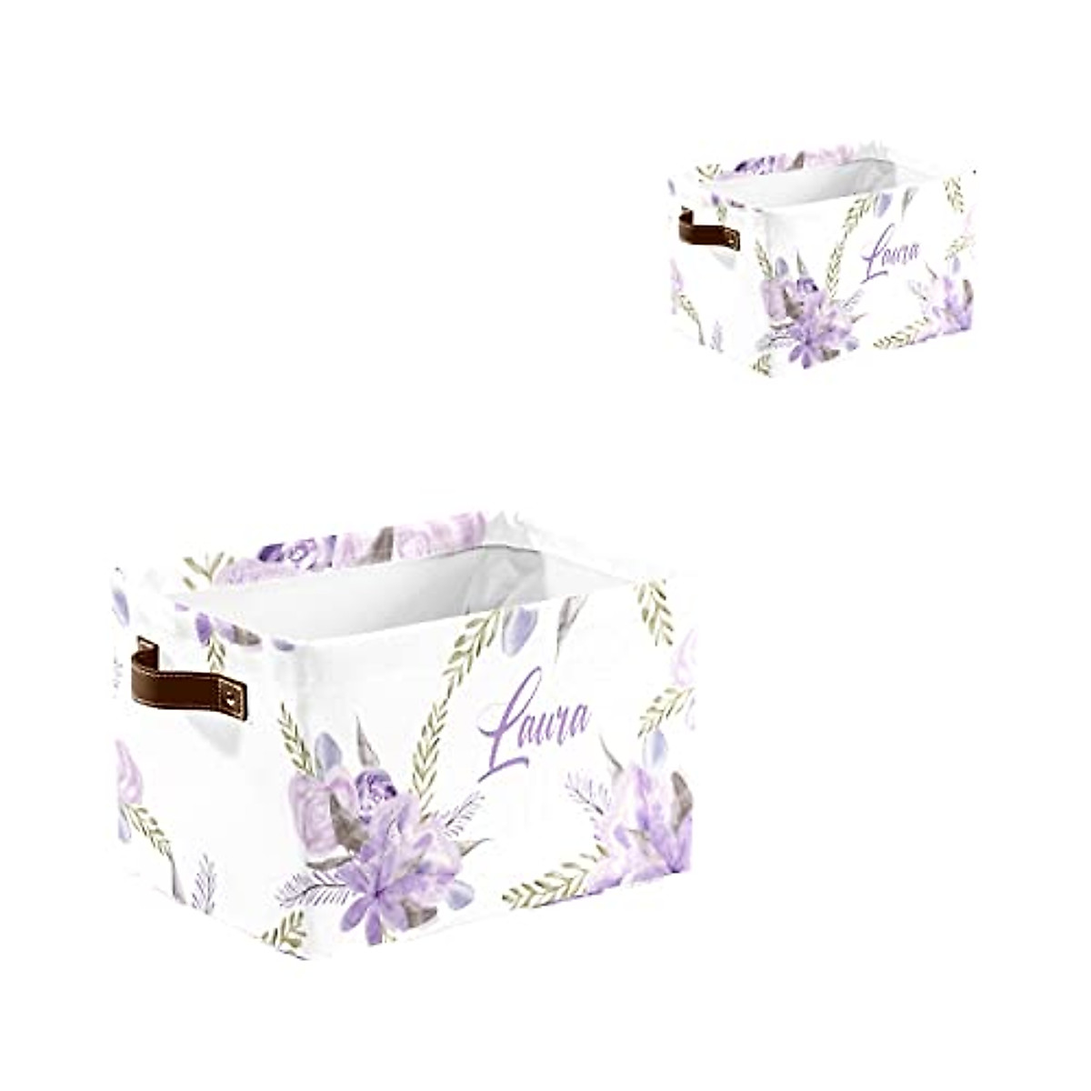 Purple Flower Personalized Custom Name Waterproof Storage Boxs Baskets Clothts Towel Book for Bathroom Office 1 Pack