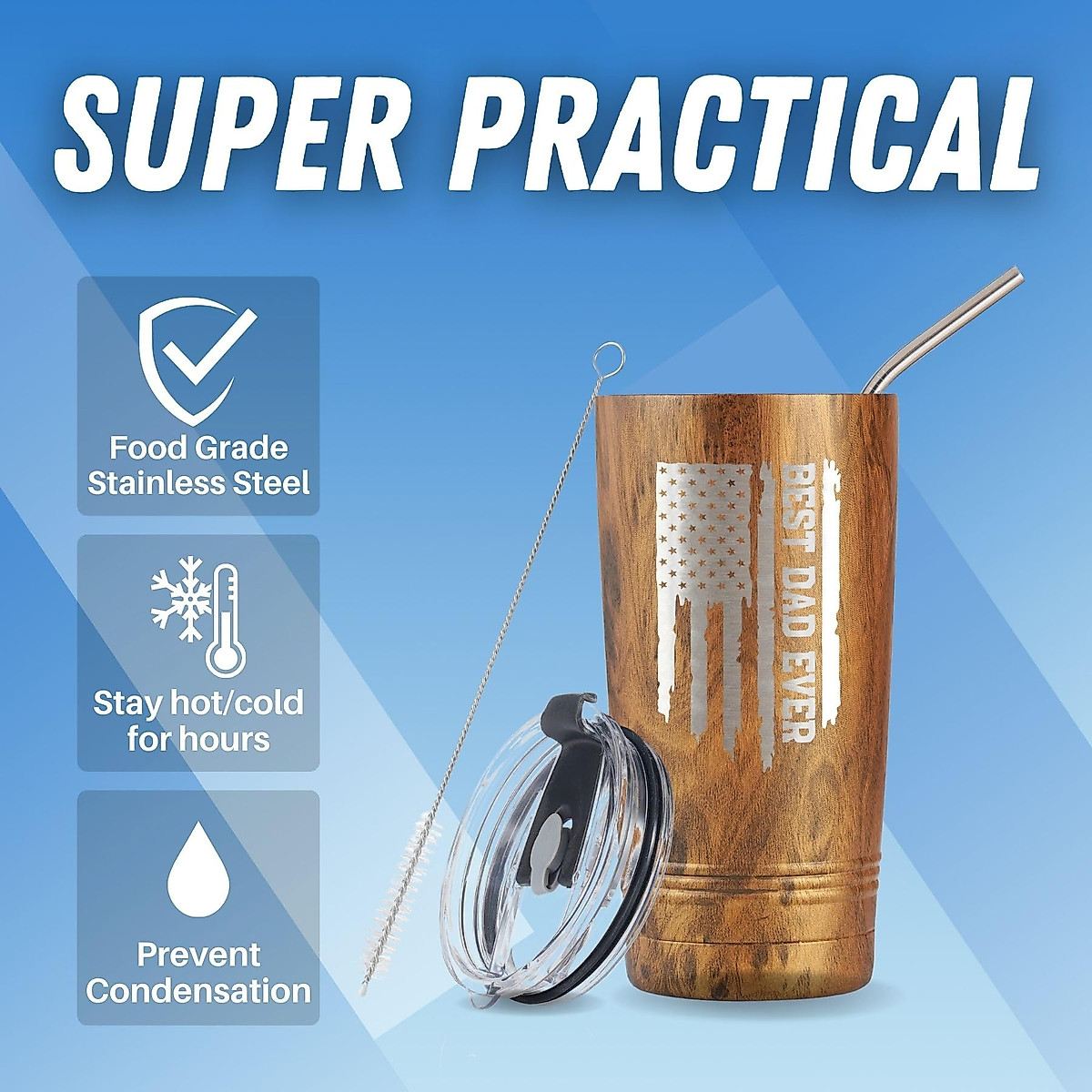 Onebttl Best Dad Ever Tumbler, Gifts for Father's Day, Birthday, Christmas from Daughter, Son, Wife, Stainless Steel Travel Mug 20oz, Wood Pattern