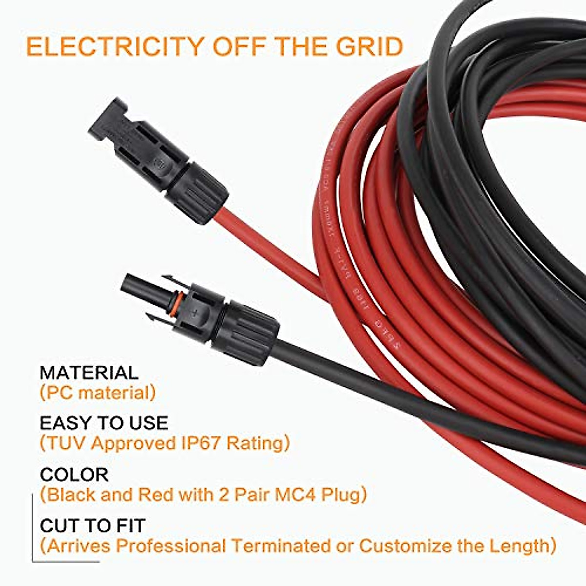 EBESTauto A Pair Red + Black 20 Feet 10 AWG Solar Panel Extension Cable Wire Connector Solar Panel Adaptor Cable with Female and Male Connector