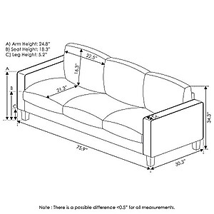 Furinno Bayonne Modern Upholstered 3-Seater Sofa Couch for Living Room, Gunmetal