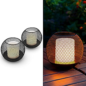 Navaris Outdoor Solar Candles (Set of 2) - LED Candle Lights with Holders - Lantern Lighting with Black Metal Mesh Holder - for Table, Patio, Garden