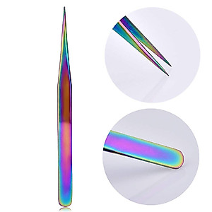 Aysekone 2 Pcs Rainbow Stainless Steel Curved Tweezers + Straight Tweezer for Rhinestones Picker Eyebrow Eyelash Tweezers Manicure Nail Art Tools
