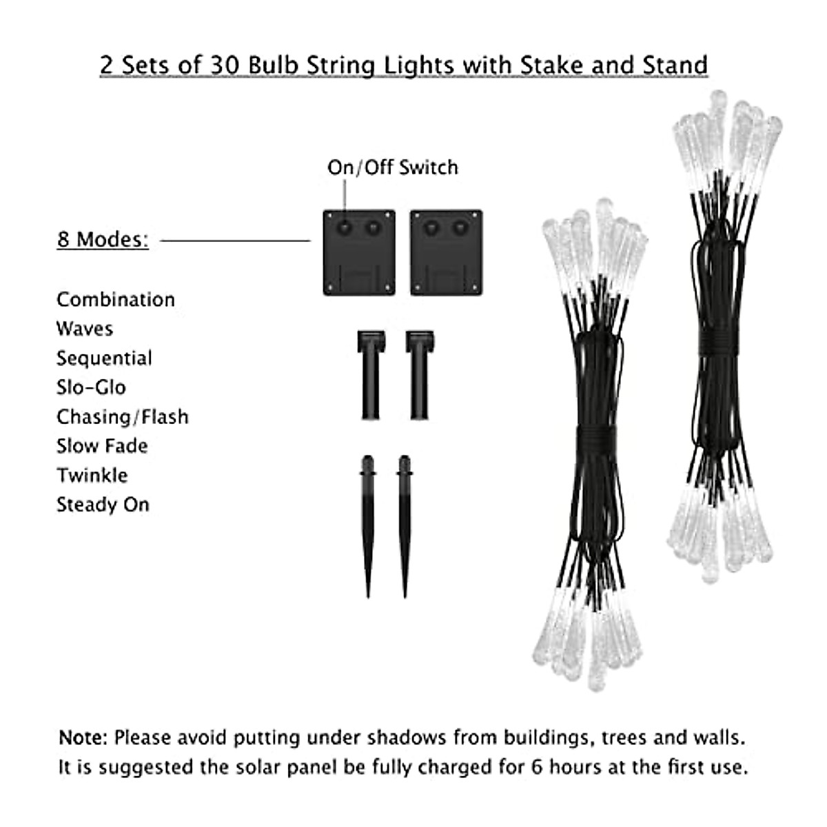 Pure Garden String Lights – Set of 2 30 Bulb Solar Power Outdoor LED Décor Tear Drop Lighting with 8 Modes and Rechargeable Battery (Cool White)