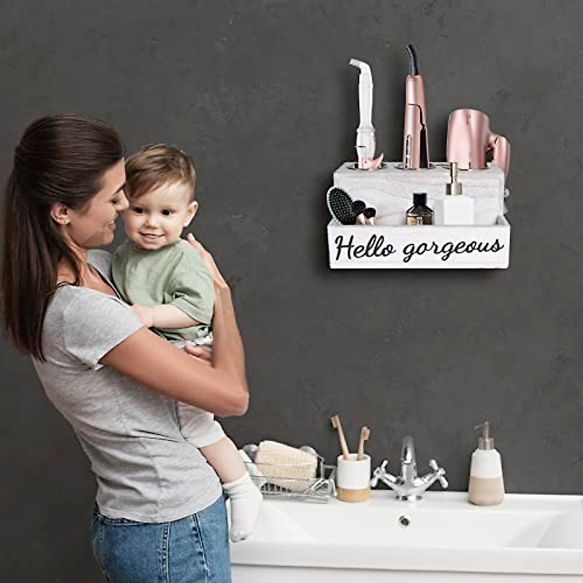 Rustic White Hair Dryer Holder, Hair Tool Organizer, Bathroom Supplies Countertop Storage Stand and Vanity Caddy for Blow Dryer Curling Iron Holder Hair Straightener Brushes Hair Styling Accessories