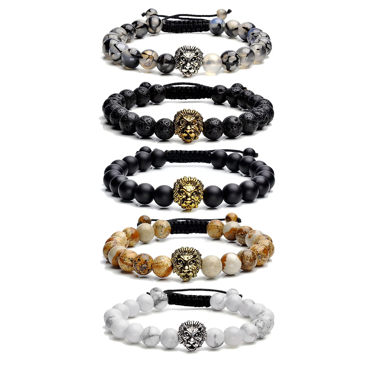 Jovivi 5 Pcs 8mm Handmade Natural Stone Bead Bracelets for Men Women Adjustable Lava Rock/Matte Agate/Picture/Dragonstone Lion Head Gemstone Beaded Bracelet Set Essential Oil Anxiety Jewelry