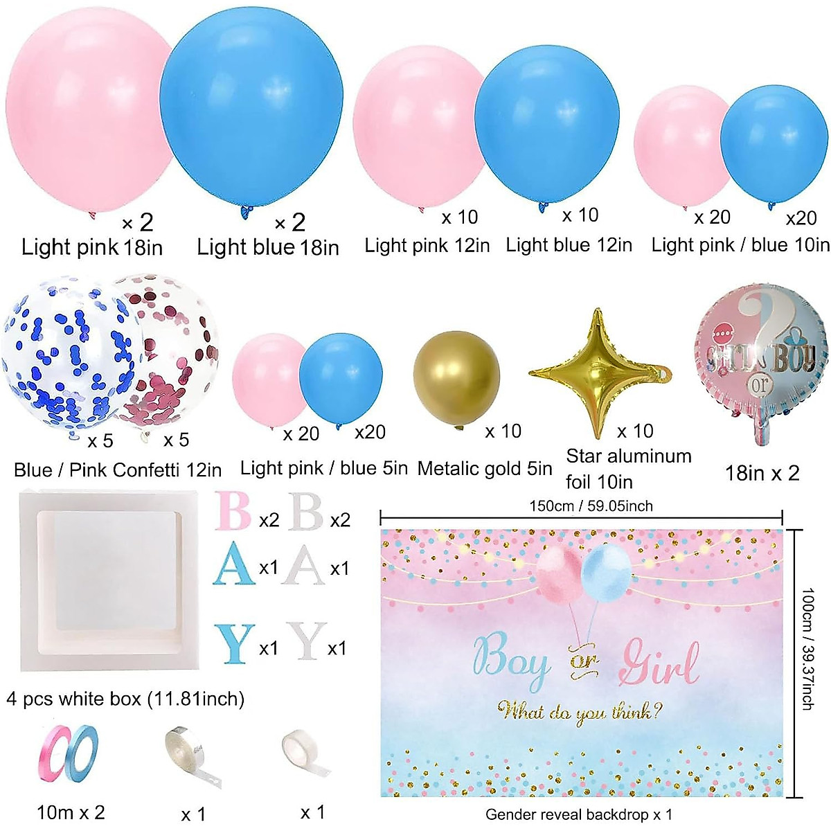 145pcs Baby Boxes Gender Reveal Balloon Decorations, Pink and Blue Balloon Garland Kit 4pcs Baby Boxes with Letters, Boy or Girl Backdrop for Gender Reveal Baby Shower Birthday Party Supplies