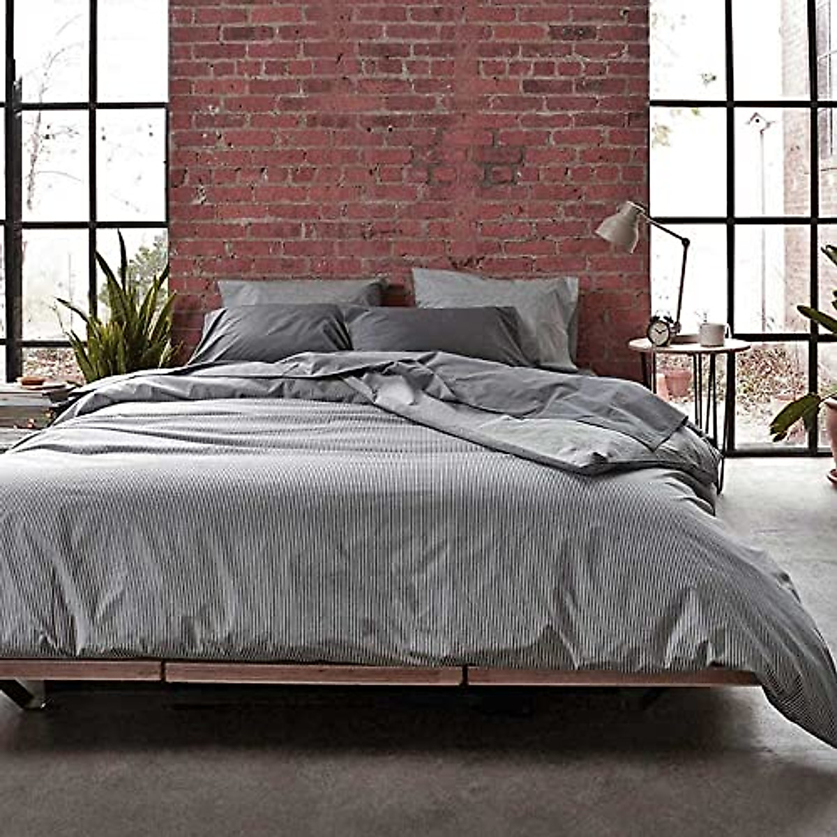 ETDIFFE Grey White Striped Comforter Set Full Size, 3pc Modern Gray Vertical Stripes Pattern Bed Set - Soft & Lightweight Pinstripe Microfiber Down Alternative Comforter (80x90) for Women Men