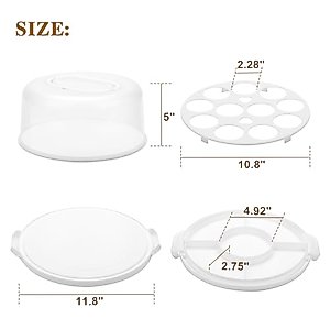 Cake Carrier with Lid and Handle, Multipurpose Cake Stand Fits 10 inch Cake, Cupcake Containers for 11 Cupcakes，Cake Holder Serves as Five Section Serving Tray, Portable Cheesecake Container, White