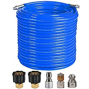 YAMATIC Sewer Jetter Hose for Pressure Washer 150 FT Drain Cleaner Hose 1/4 Inch NPT Button Nose & Rotating Sewer Jetting Nozzle Orifice 4.5, 4000 PSI
