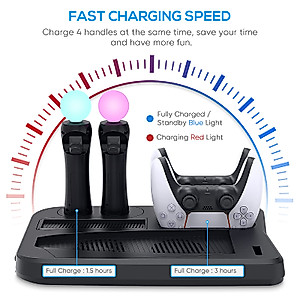 Charging Display Stand Compatible with PS5 VR, Vertical Stand with Cooling Fan Compatible with PS5 DE/UHD Storage Bracket Charger Station Compatible with PS5/PS5 VR Move Controller with 4 USB Hub