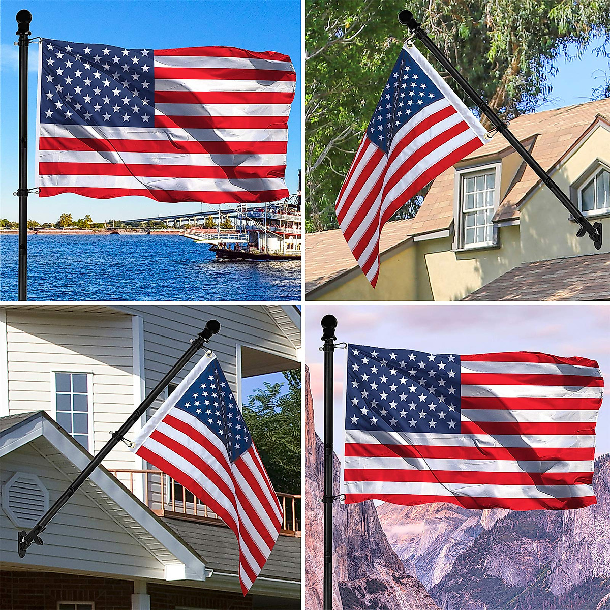 HOOSUN 6 FT Flag Pole Kit with 2 Rotating Rings and Flag Pole Clips,Flag Poles for Outside House,Black Stainless Steel Adjustable Pole for Commercial Or Residential