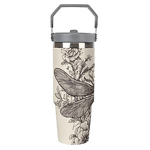 30oz Stainless Steel Insulated Tumbler with Flip Lid & Straw, Leakproof Travel Mug for Car, Hand Drawn Floral Dragonfly Double Wall Vacuum Thermal Coffee Cup with Handle, Spill-Proof Design for Hot/Co