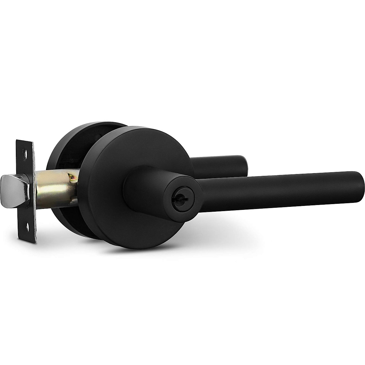 Berlin Modisch Entry Lever Door Handle and Single Cylinder Deadbolt Lock and Key Sleek Round Locking Lever Handle Set [Front Door or Office] Right & Left Sided Doors Heavy Duty – Iron Black Finish