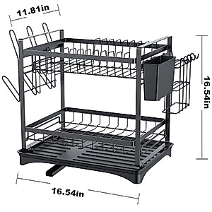Xdsirone Dish Drying Rack, 2-Tier Dish Rack with Drainboard Cutlery Holder Cup Holder, Rustproof Dish Drainer for Kitchen Counter