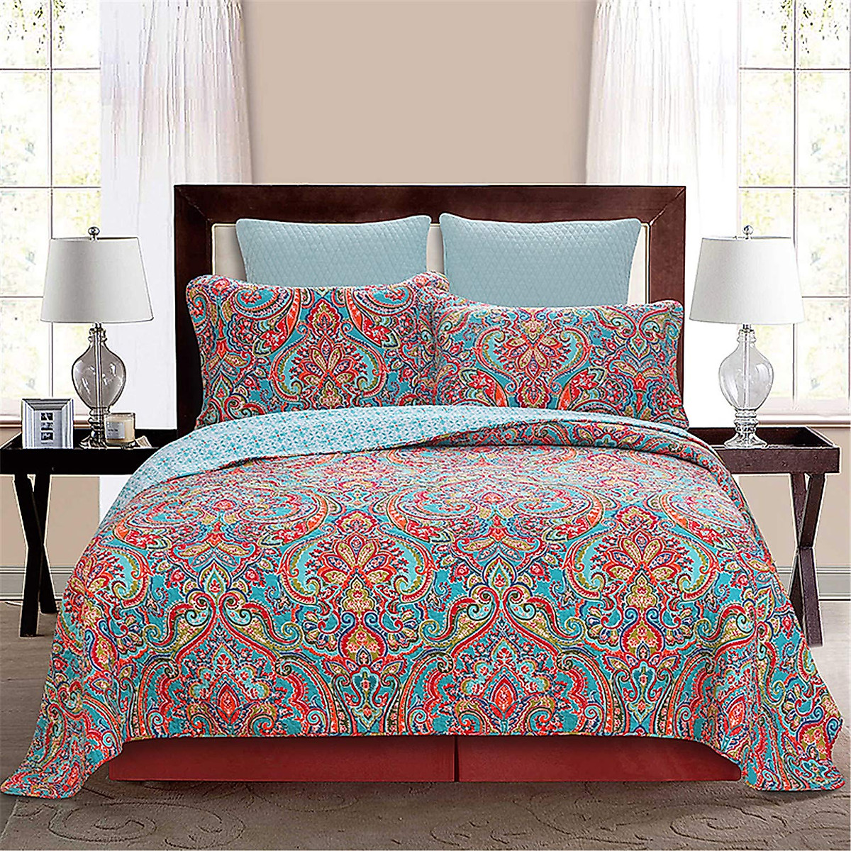 Newrara Jacquard Style Cotton 3 Pcs Patchwork Bedspread Boho Quilt Sets Queen Size（Red）