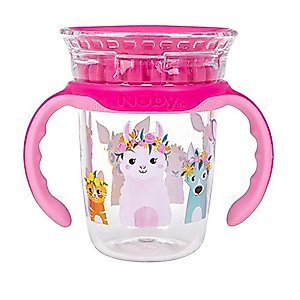 Nuby 360 Edge 2 Stage Drinking Rim Cup with Removable Handles & hygienic Cover: 8 Oz/ 240 Ml, 12M+, Flower Crowns, Pink (80819)
