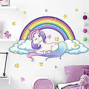 Unicorn Wall Decals Art Rainbow Wall Decals Waterproof Unicorn Wall Stickers with Star Cloud Peel and Stick Rainbow Stickers for Girls Kids Bedroom Nursery Playroom Decor (Unicorn)