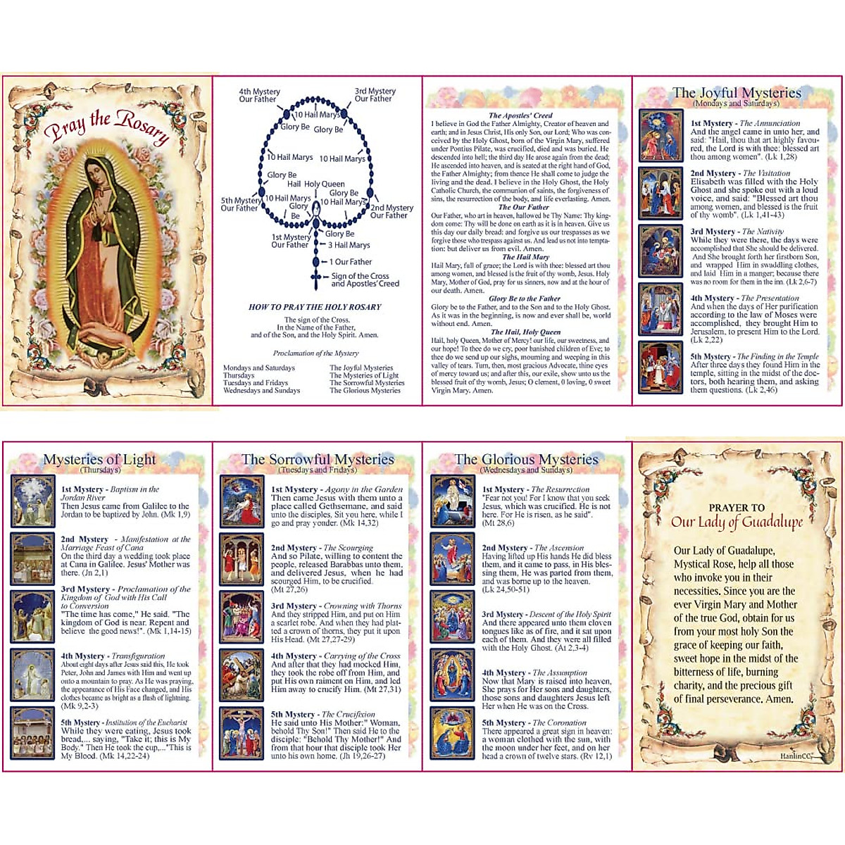 HanlinCC Glass Pearl Beads Our Lady of Guadalupe Epoxy Heart Metal Beads Rosary Necklace pack in Velvet Bag with Pray Card (White)