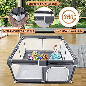 Grobeybees Baby Playpen for Toddler and Babies, Baby Playard, Indoor & Outdoor Kids Activity Center with Anti-Slip Base, Play Yard with Soft Breathable Mesh, Baby Fence Play Area(Grey)