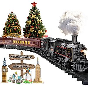 Electric Train Sets for Boys Girls Metal Alloy Christmas Trains Toys Steam Locomotive, Passenger Carriages, Tracks, Light & Sounds Rechargeable Birthday Gifts for Kids 3 4 5 6 7 8 + Years Old Red …
