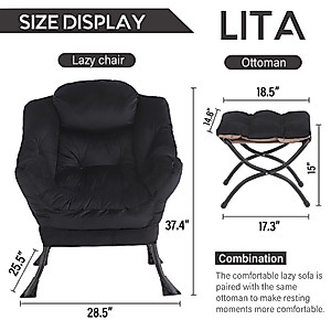 LITA Lazy Chair with Ottoman, Modern Accent Leisure Upholstered Sofa Chair, Contemporary Lounge Reading Chair with Armrests and a Side Pocket for Living Room, Bedroom & Small Space, Black