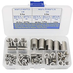 Threaded Inserts, M3 M4 M5 M6 M8 M10 M12 302 Stainless Steel Self Tapping Thread Insert Screw Bushing Slotted Wire Thread Repair Insert-55 Pcs