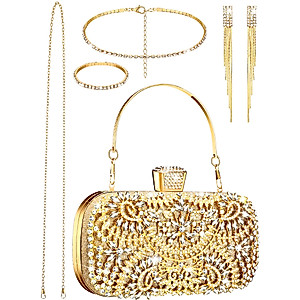 4 Pcs Clutch Purses Jewelry Set for Women Evening Rhinestone Jewelry Set Bling Glitter Diamond Evening Bag Necklace Choker Bracelets Earrings Set for Wedding Bridal Party Prom (Gold)