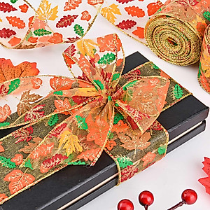 2 Rolls Fall Wired Ribbon Autumn Maple Leaves Organza Glitter Ribbons Thanksgiving Orange Decorative Craft Ribbon for Gift Wrapping Bow Wreath Making DIY Fall Party Decoration