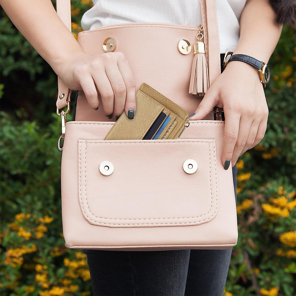 Sodsay Card Case Slim Front Pocket Wallet for Women Credit Card Holder with Keychain(CH Champagne Gold)