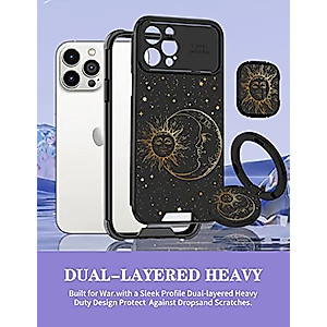 Goocrux (2in1 for iPhone 12 Pro Max Case Sun Moon Stars for Women Girls Cute Space Phone Cover Fashion Golden Star Print Design with Slide Camera Cover+Ring Holder Cases for iPhone 12 ProMax 6.7''