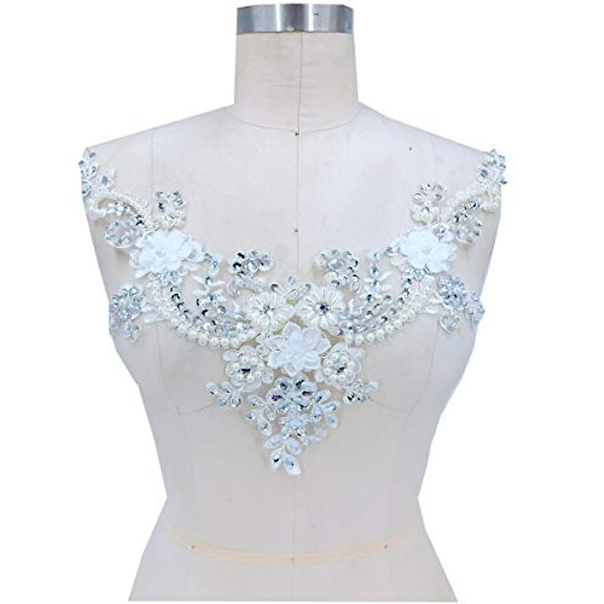 wtbv.n Handmade Crystal Peal Patches Sequins Rhinestones Ivory lace Trim Applique 38 * 28cm for Dress Skirt